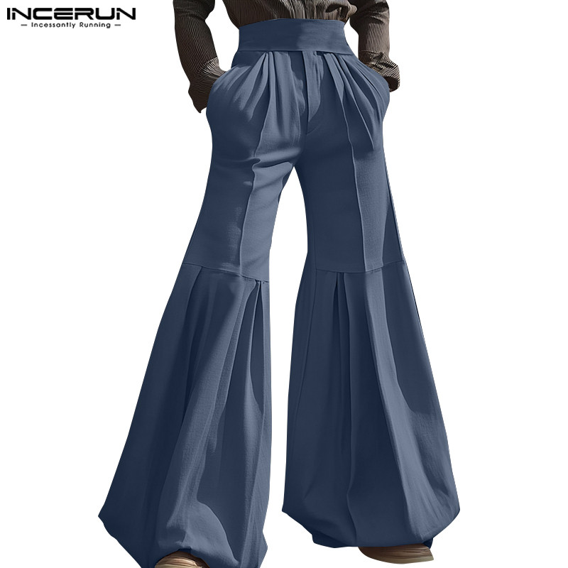 INCERUN Men Vintage Pleated Wide Leg Solid Color Design Casual Long ...