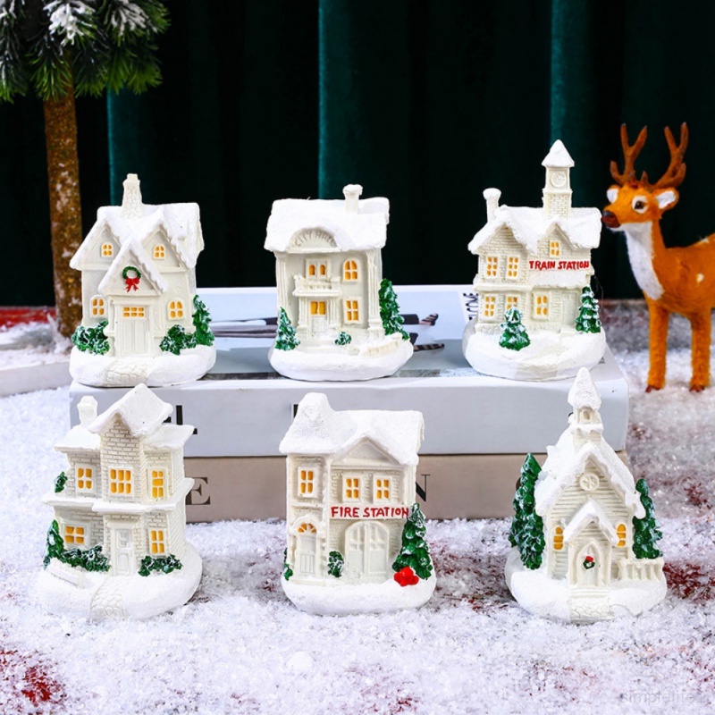 Christmas Decor Resin Small House White Luminous Small House Gift with ...