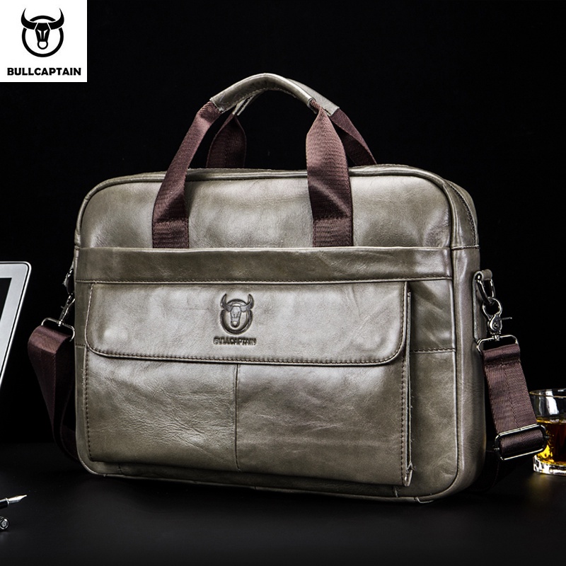 BULLCAPTIAN First Layer Cowhide Laptop Bag 14 Inch Leather Shoulder Bag ...