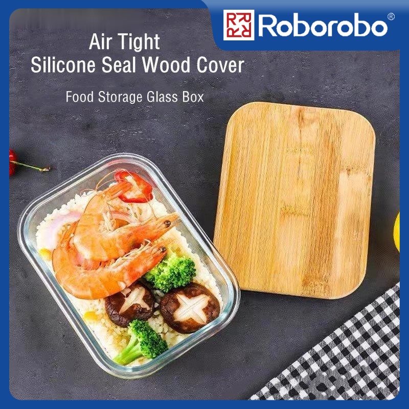 ROBOROBO Fresh-Keeping Glass Lunch Box Microwave/Oven Safe Bamboo Cover Glass Storage Bento Box ...