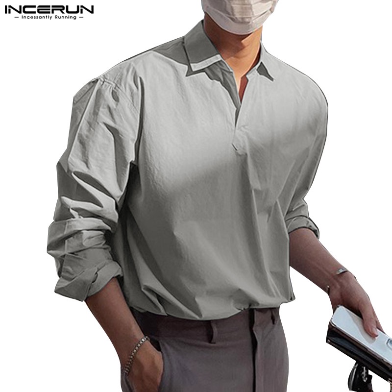 INCERUN men's solid color half tube lapel long sleeved shirt POLO ...