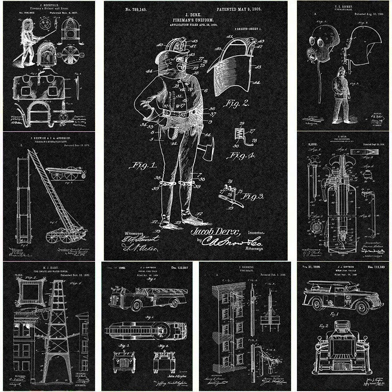 Vintage Firefighter Patent Poster Canvas Painting Fireman Helmet Dress ...