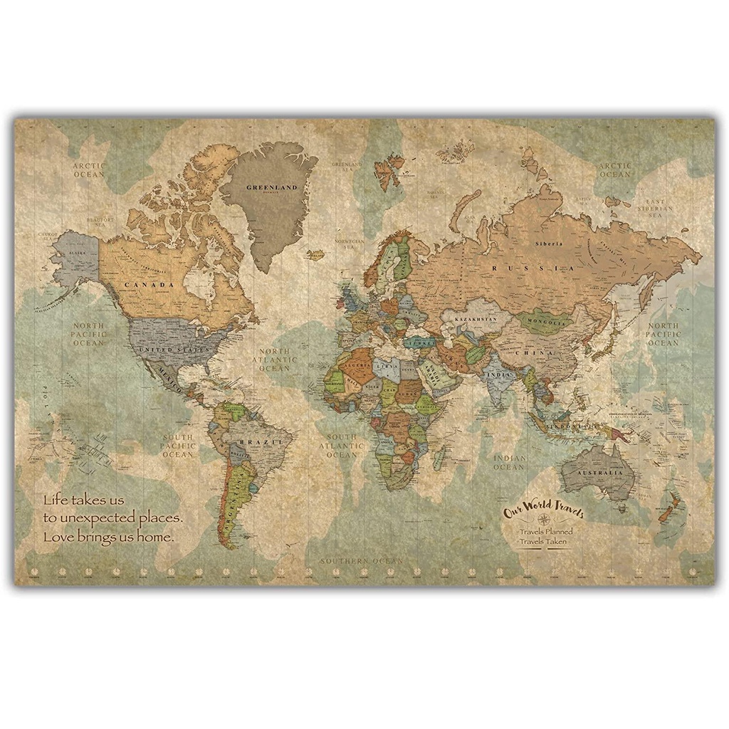 Personalized Push Pin World Map On Canvas In Vintage Earth Tones ...