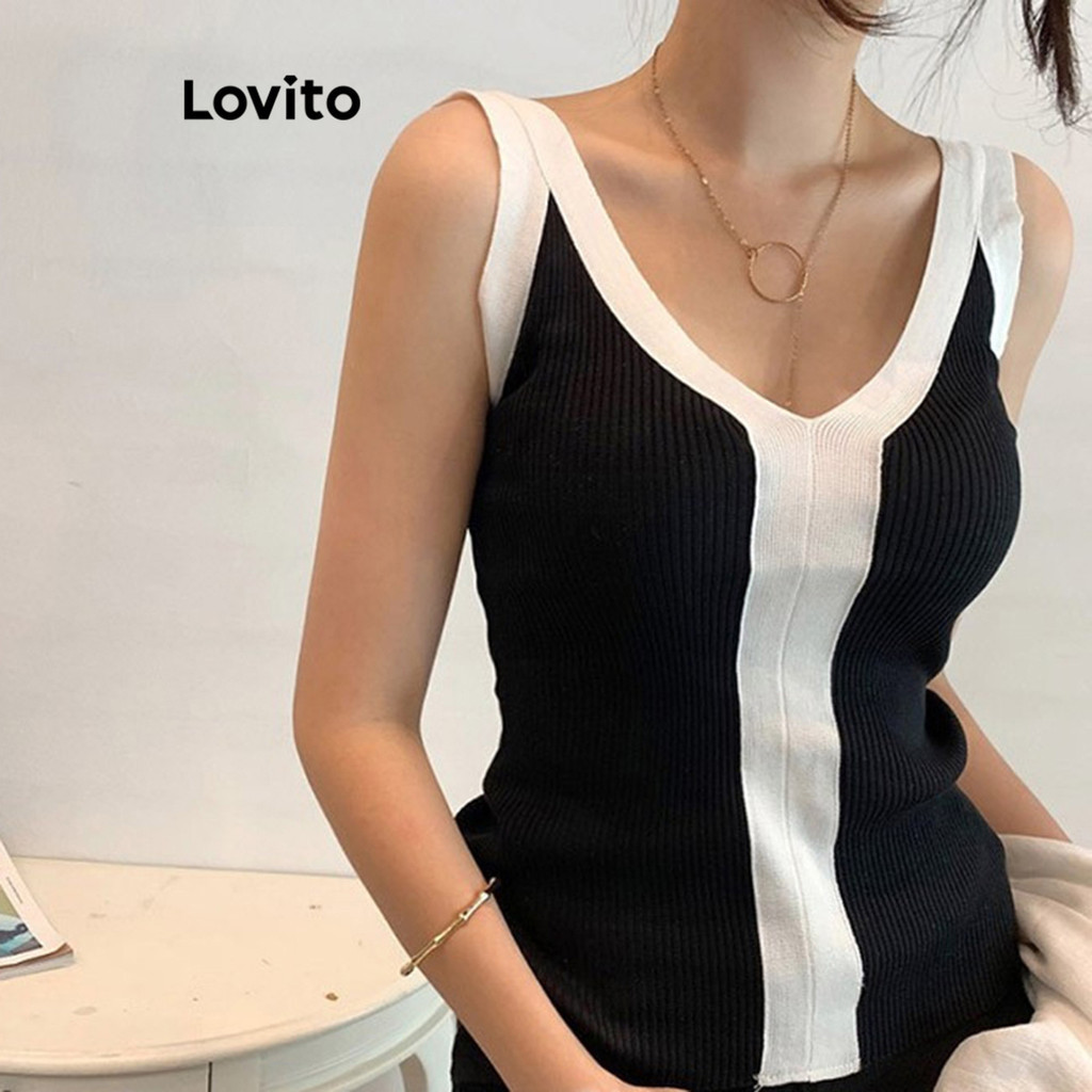Lovito Women Casual Patchwork Colorblock Tank Top LNL39071 (Black ...