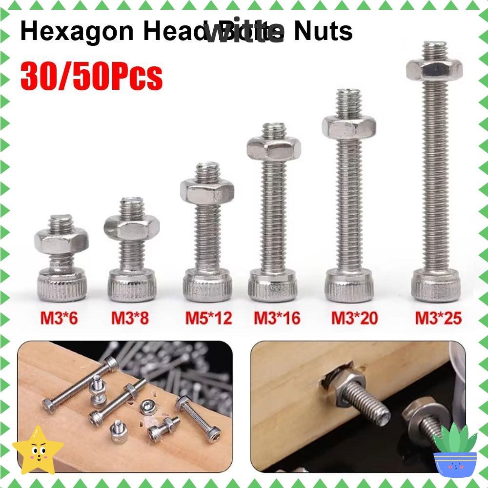 WITTEE 30/50Pcs Hexagon Bolts Nuts, Hex Flat Head 304 Stainless Steel ...