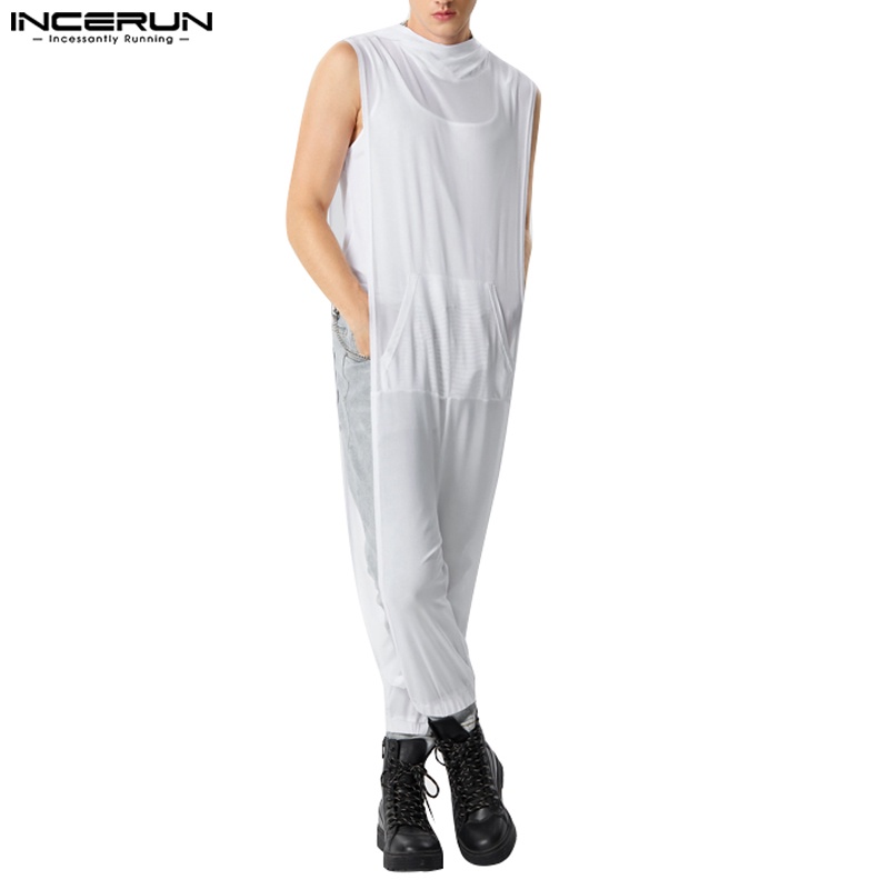 INCERUN Men Vintage Fashion Slightly Sheer Hooded Sleeveless Jumpsuits ...