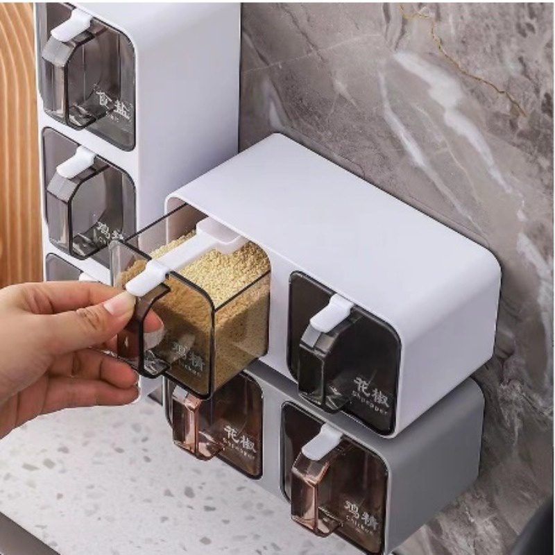 Kitchen seasoning box wall-mounted punch-free adjustable multi-function ...