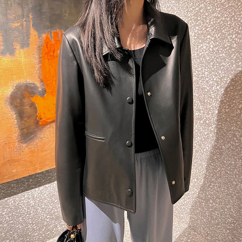 Women's lapel leather coat cropped leather jacket 2024 Spring and ...