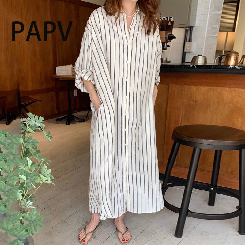 Papv Chic Polo Collar Contrast Stripe Loose Long Sleeve Shirt Dress ...