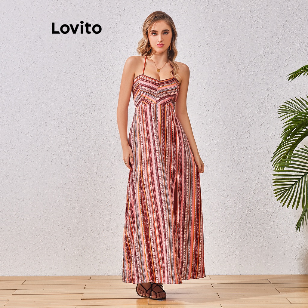 Lovito Women Boho Striped Lace Up Cut Out Dress LBL07108 | Shopee ...
