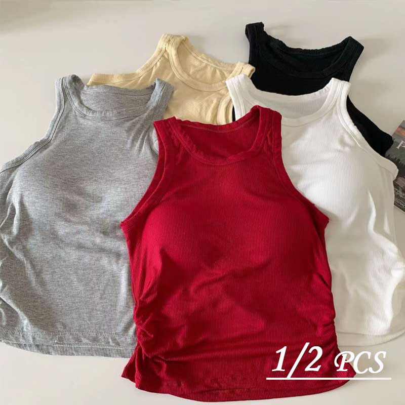 1/2PCS Women's Solid Color Tank Top With Chest Pad Sleeveless Camisole ...