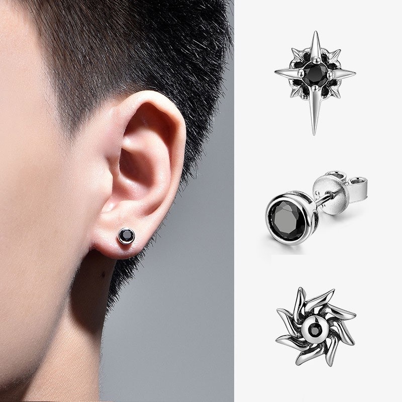 Cute Black Stud Earings for Men Mini Piercing Earring Set Hikaw ...