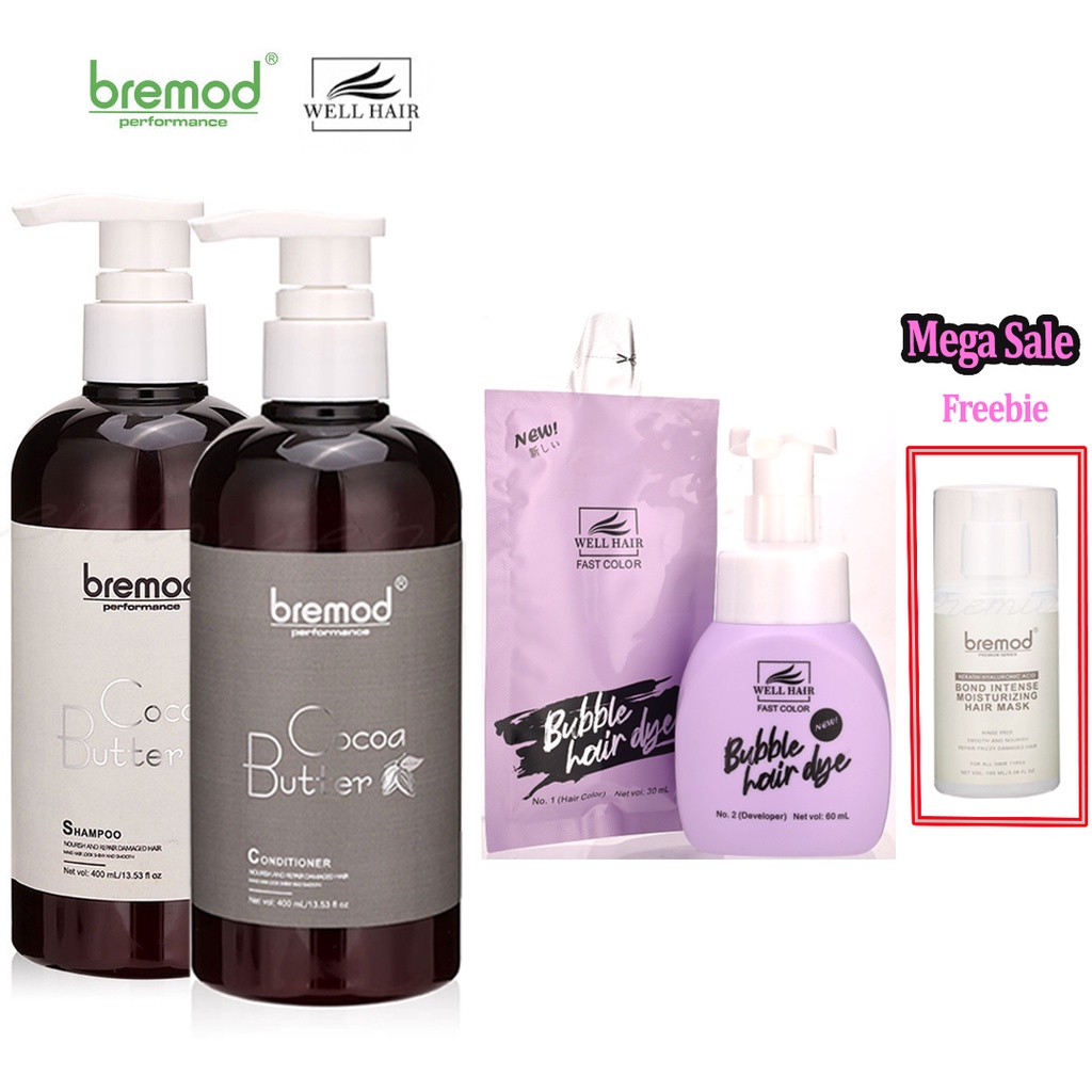 Bremod Shampoo& Conditioner 400ml +Well Hair Color Dye 60ml+30ml Bubble ...