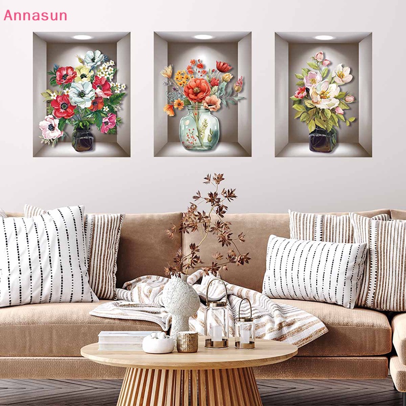 Annasun 3pcs Watercolor Flower Pots Flower Vase 3D Pvc Decoration Wall ...