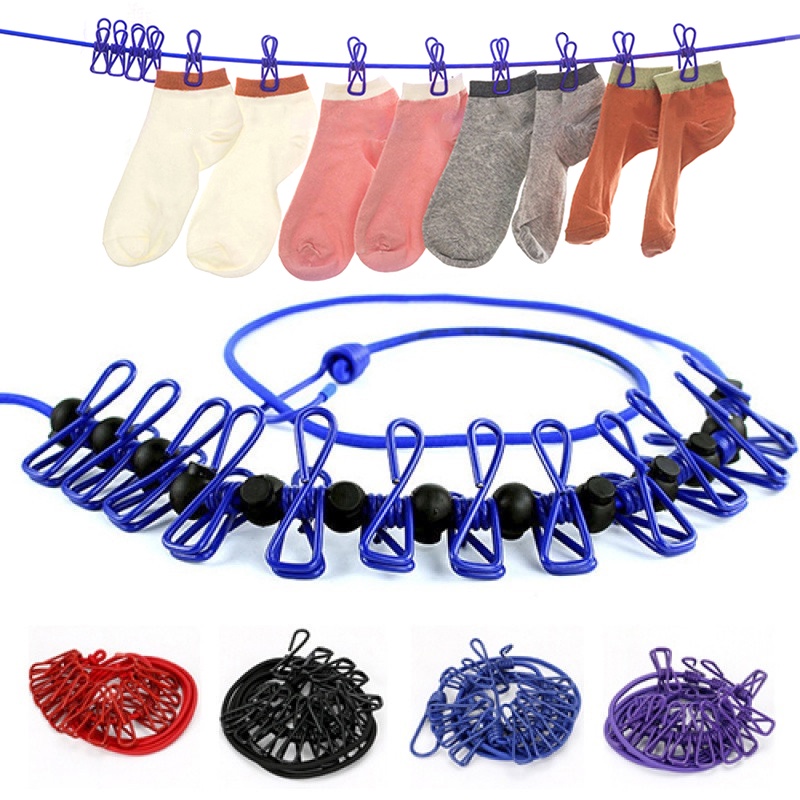 Elastic Clothesline Tent Laundry Washing Clothes Line Rope With 12 Pegs ...