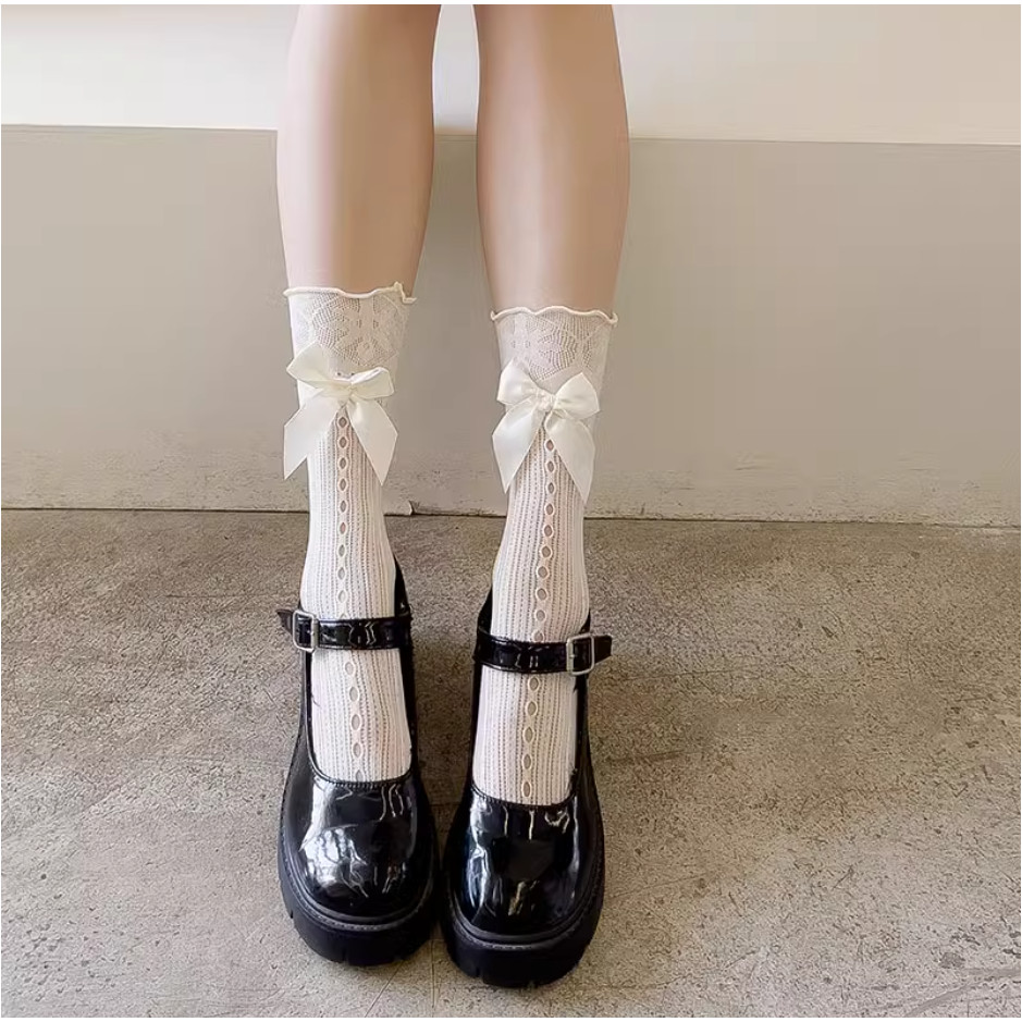 Lace Bow JK Socks White Mesh Fairy Socks Lolita Japanese French Mid ...