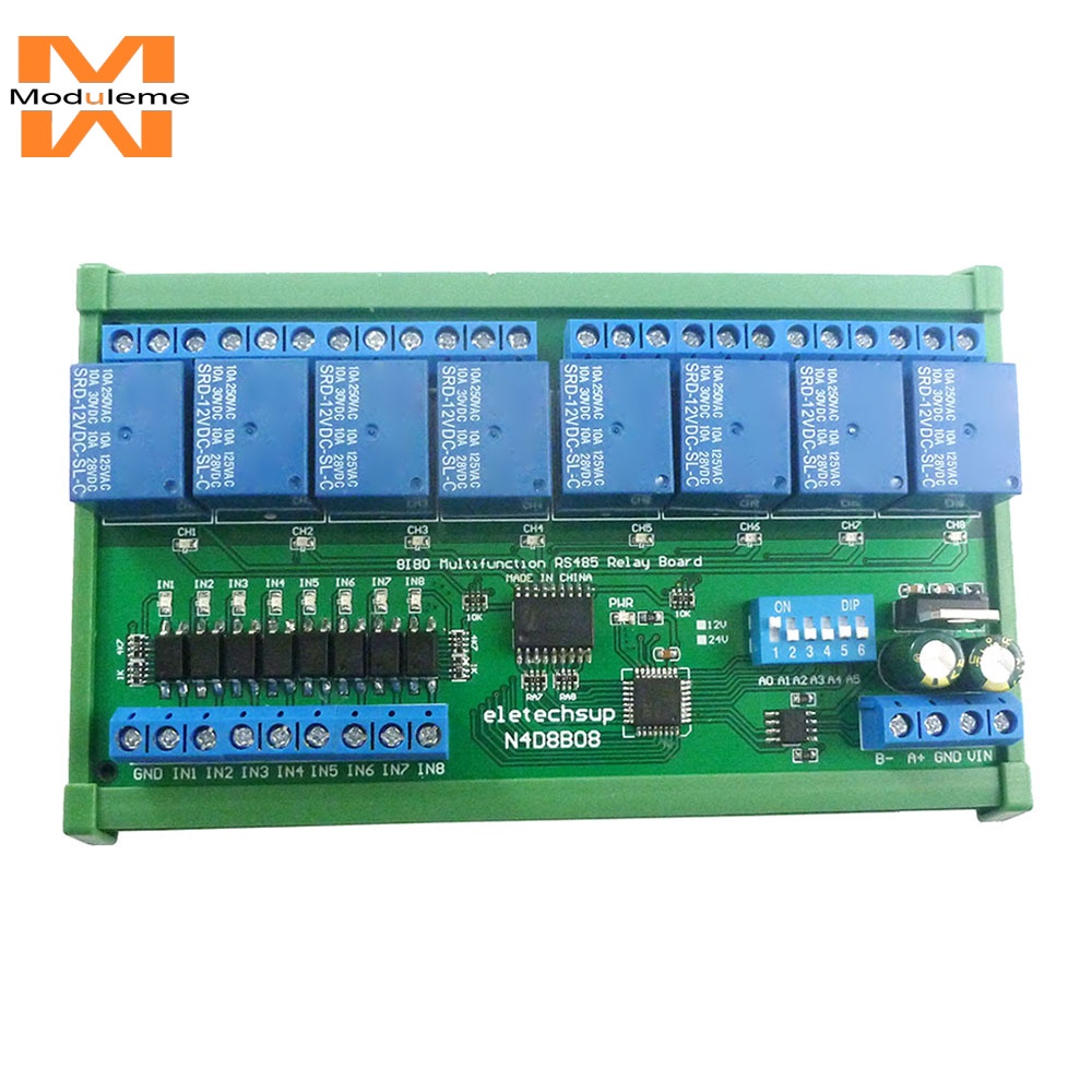 DC 12V 24V 8 Isolated Inputs and 8 Outputs DIN35 C45 Rail Box UART RS485 Relay Module Modbus RTU ...