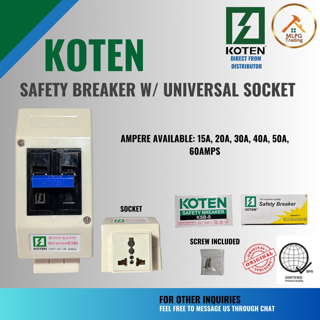 Koten Safety Breaker with Universal Socket (KSB-S) 2POLE (15, 20, 30, 40, 50, 60AMP) | Shopee ...