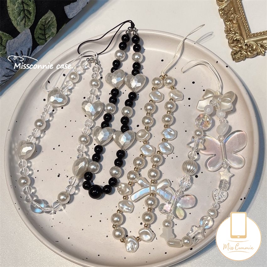 European Black and White Beads Phone Charm Strap Women Telephone Chain ...