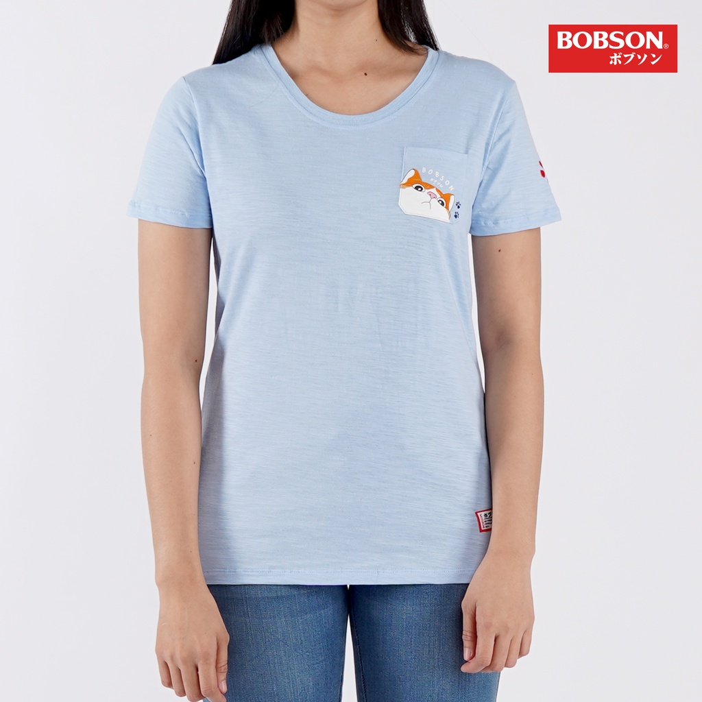 Bobson Japanese Ladies Basic Round Neck T shirt with chest pocket Regular Fit 123454 (Chambray ...