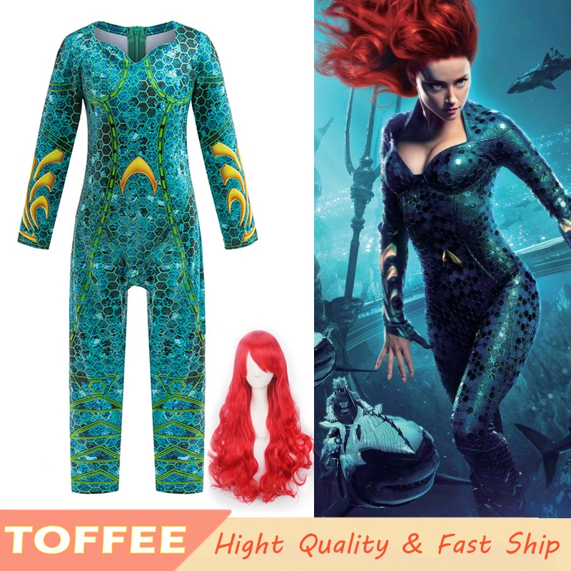 Aquaman Queen Mera Cosplay Costume Zentai Suit Green Jumpsuit For Kids ...