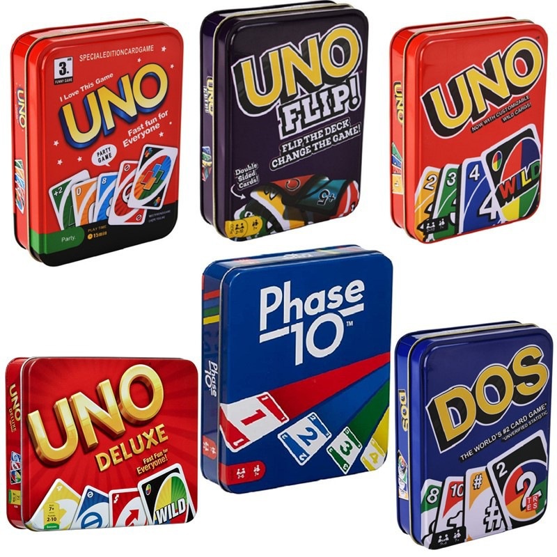Original Mattel Party Games Uno Metal Box Classic Flip Wild Dos Deluxe ...