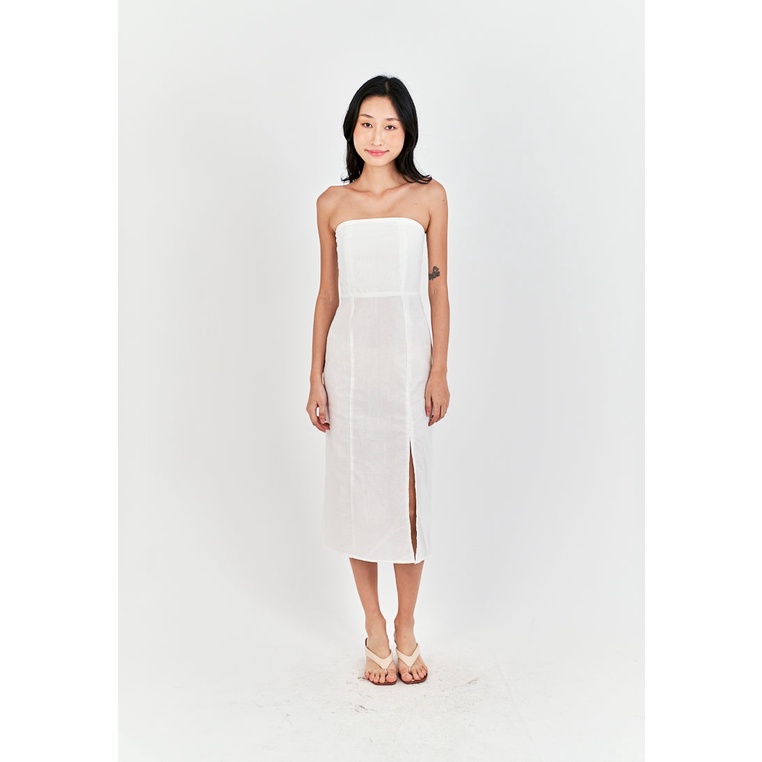 Sheeta White Linen Smock Zipper Back Side Slit Tube Midi Dress | Shopee ...