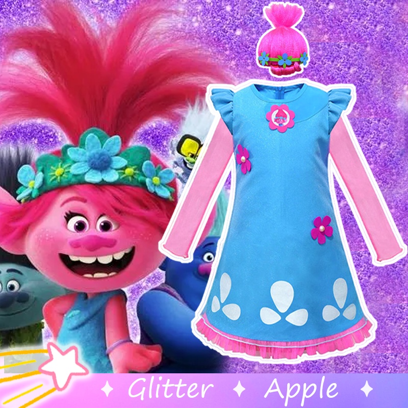 Poppy Pink Blue Dress For Kids Girl Trolls Halloween Cosplay Costume ...