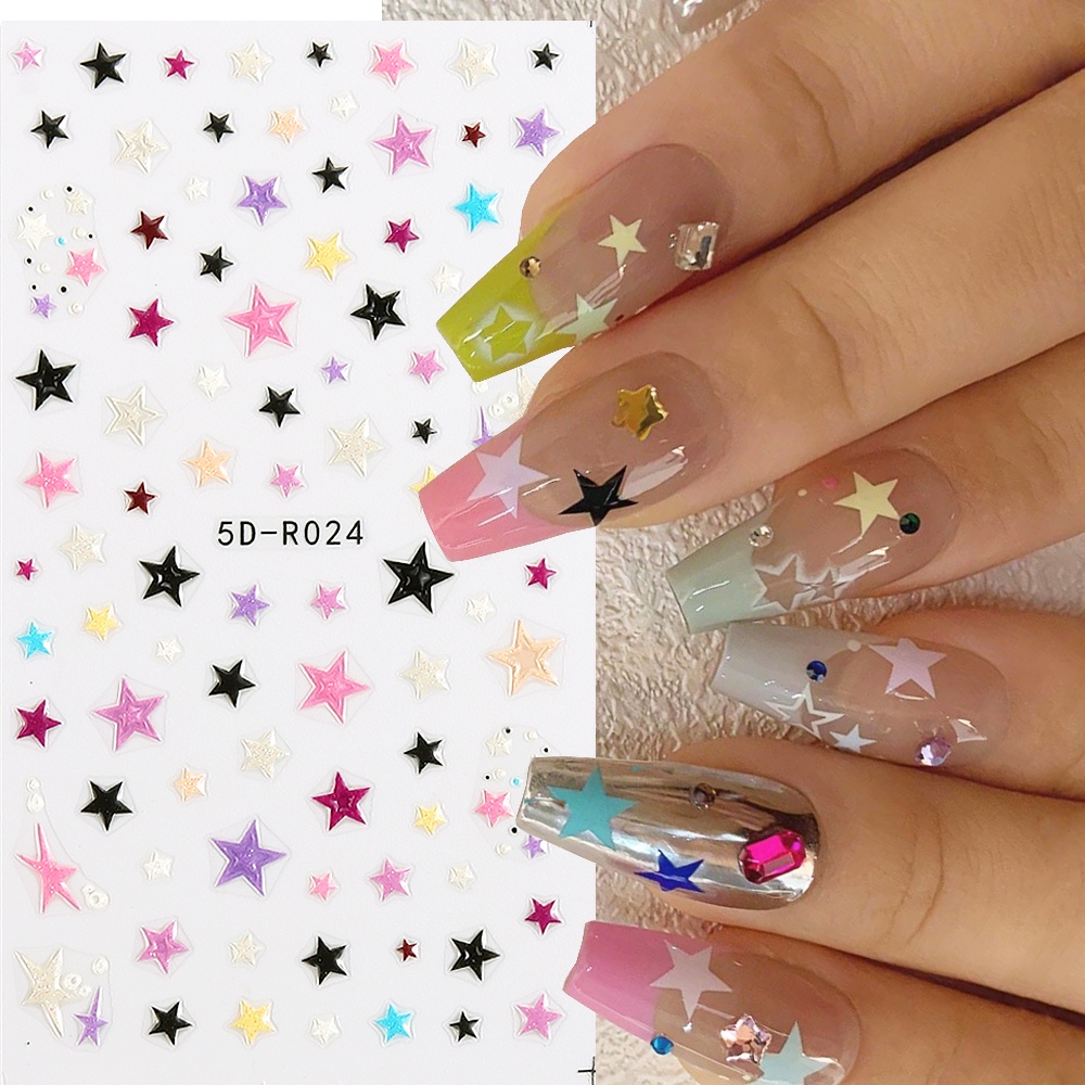 5D Colorful Stars Nail Stickers Cross Star Love Heart Butterfly ...