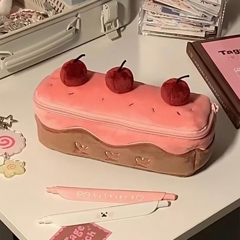 Creative Pink Cherry Plush Pencil Case Student Large Capacity Cake ...