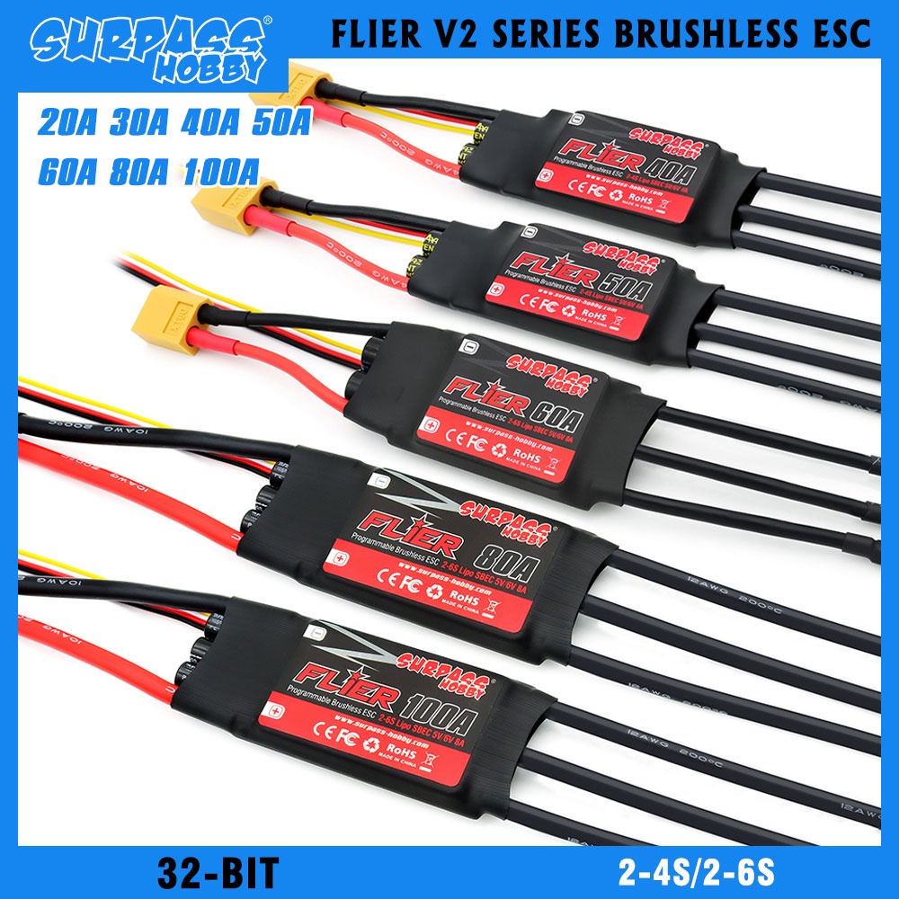 SURPASS HOBBY RC Brushless ESC Speed Controller 20A 30A 40A 50A 60A 80A 100A 2-6S with ...