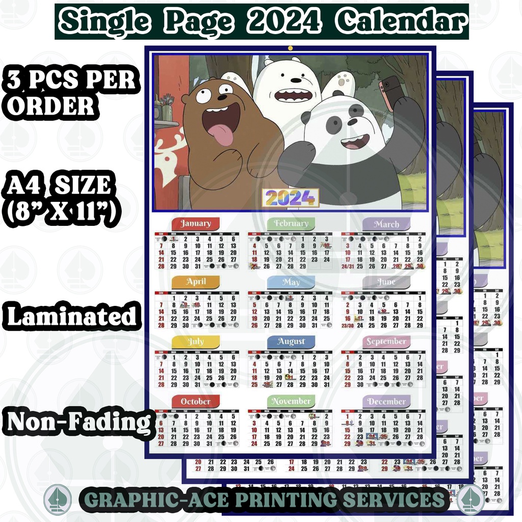 3 For 100 Deal - A4 Size 2024 WE BARE BEARS One Page Calendar Laminated ...