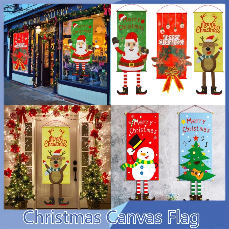 Merry Christmas Canvas Flag Santa Claus Pattern Holiday Door Decoration ...
