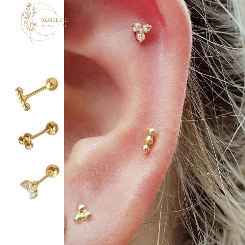 Roselife Unisex Hypoallergenic Gold Round Ball Screw Tiny Ball Pierced Stud Earrings for Women ...
