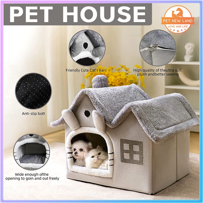 Pet New Land Pet House With Fluffy Bed Washable Foldable Dog Cat House ...