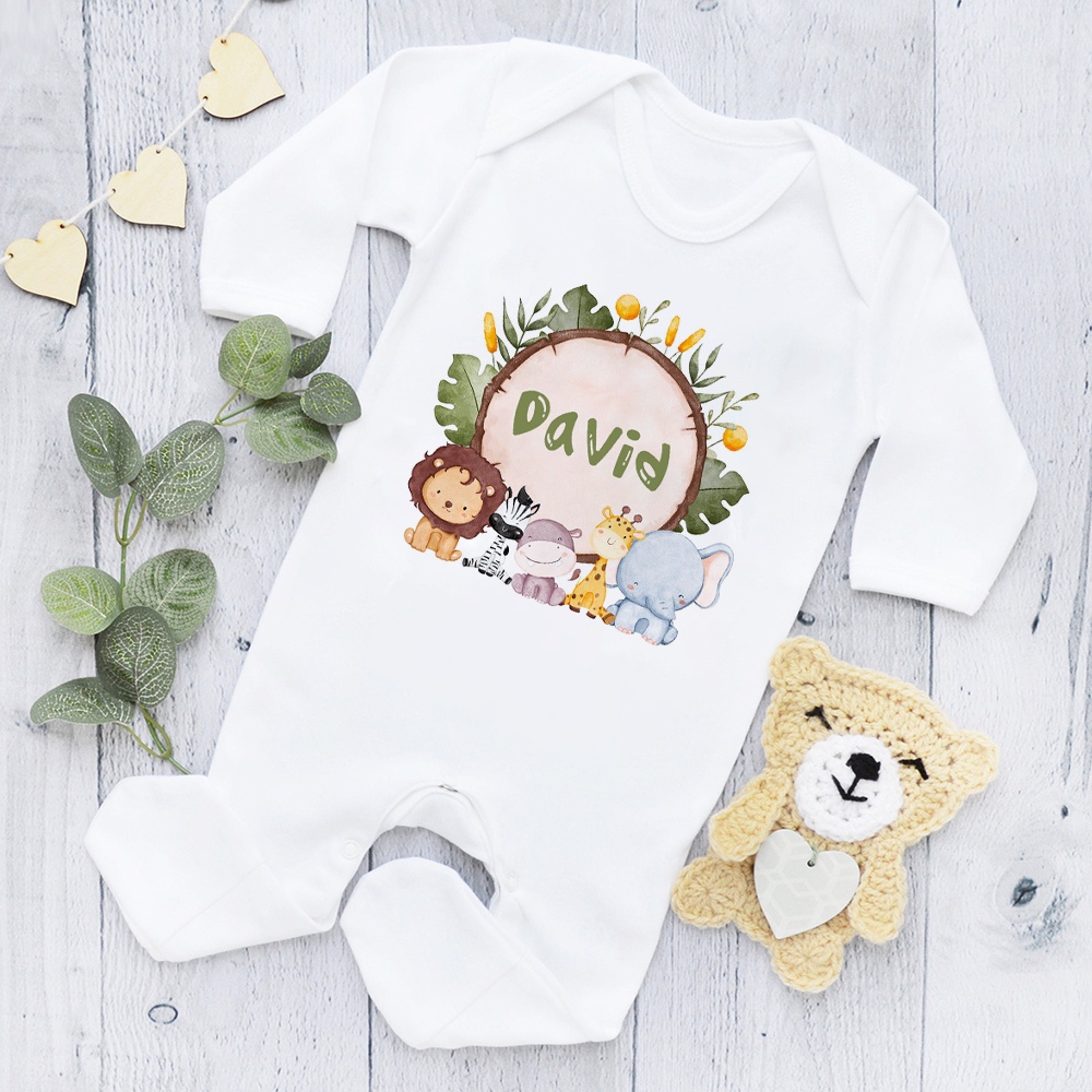 Personalised Baby Babygrow Sleepsuit Custom Safari Animals Wreath Infat ...