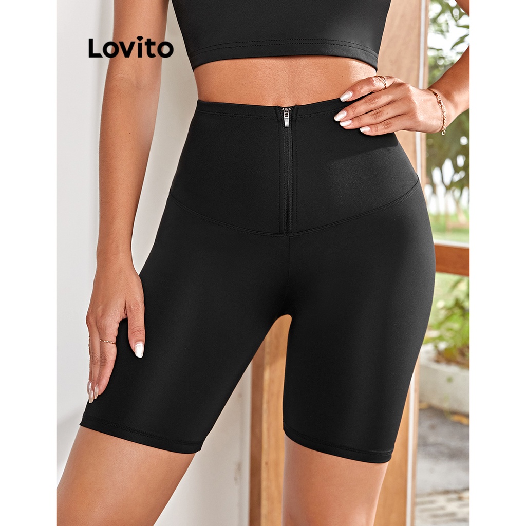 Lovito Women Sporty Plain Zipper Sports Leggings Lna27308 Black