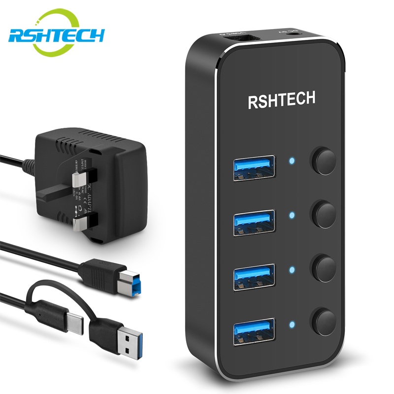 RSHTECH ST04 USB 3.0 Hub 4 Port Powered USB 3.0/USB C Hub Upgraded ...