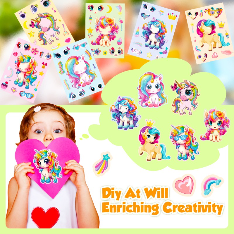 6 Pieces/pack New Rainbow Pony Puzzle Stickers Cartoon Cute Style Face ...