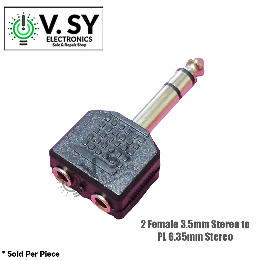 2 Female 3.5mm Stereo to Male Stereo PL 6.35mm Plug Converter Connector ...