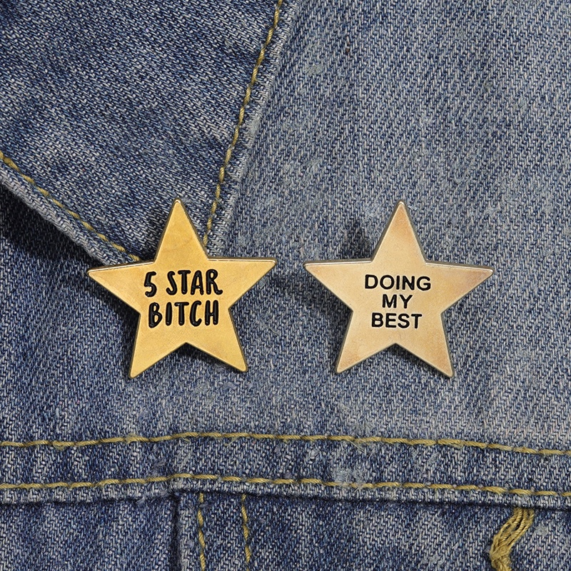 Golden Five-pointed Star Enamel Brooch with Text Doing My Best ...