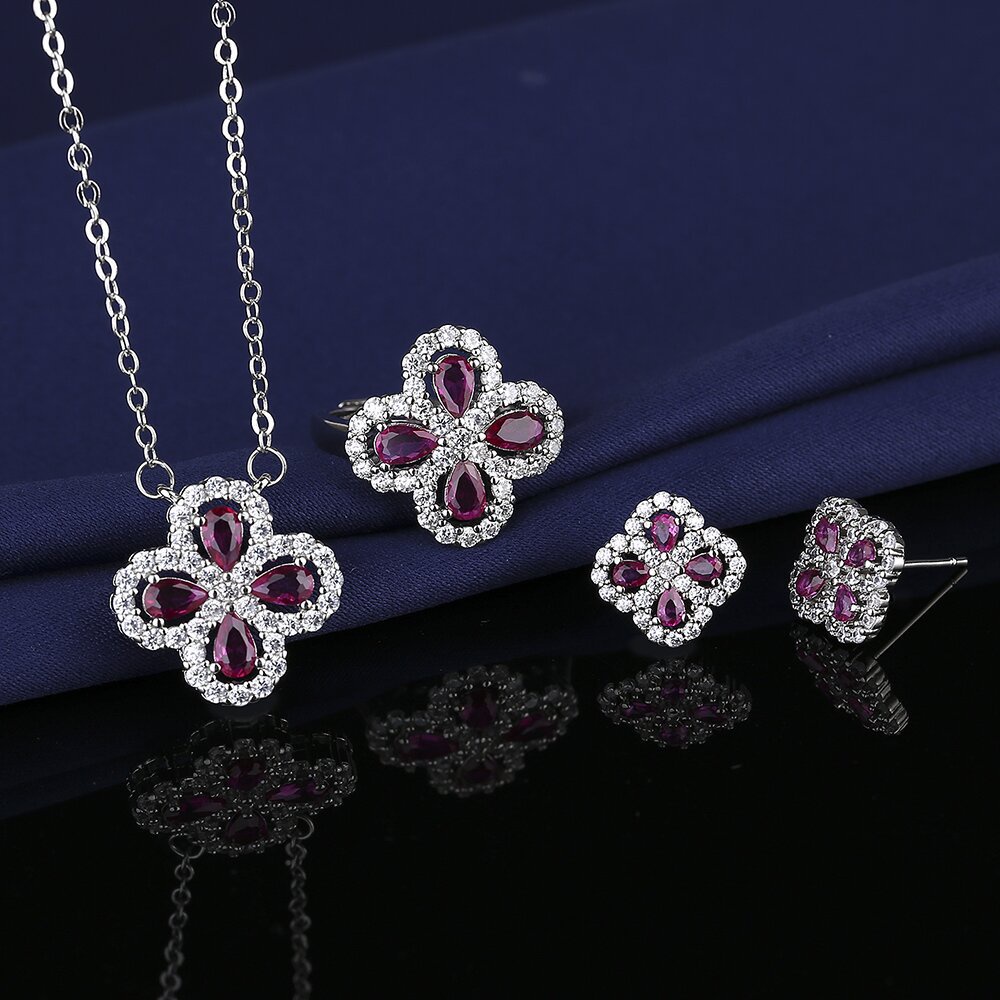 Fashion Ruby Jewelry Set Four Leaf Grass S925 Silver Ring Earrings ...