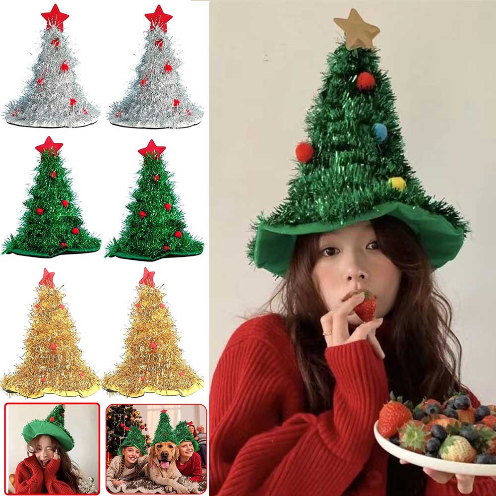 Shiny Tinsel Christmas Tree Hat Green Cloth Xmas Hat Funny Santa Claus ...