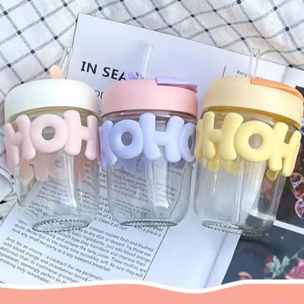 Inna Home Cute Pastel Color Water Cup with Straw Thick Glass Bottle for ...
