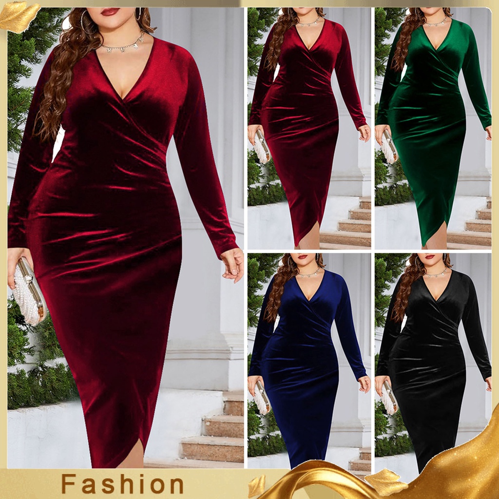AWCp_ Plus Size Women Sexy Velvet Dress Deep V-neck Long Sleeve Cross ...