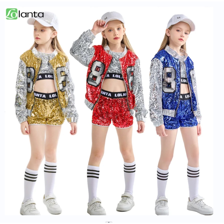 Girls 4Pcs Sequin Glitter Outfit Jazz Street Modern Dance Costumes ...