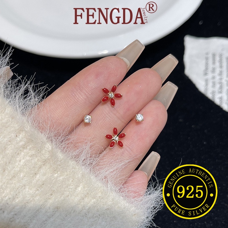 Cod Red Flower Stud Earrings Female Online Influencer Compact Mini ...