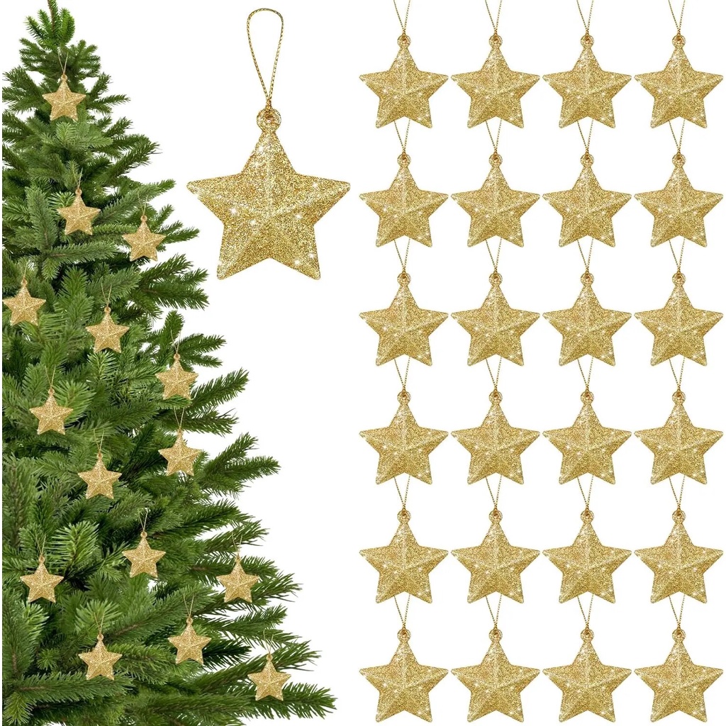 6/12/24Pcs 3D Glitter Star Christmas Pendant 5cm Stars Decoration Xmas ...