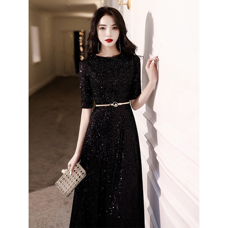 Black Banquet Evening Dress Female New Style Autumn Winter Temperament ...
