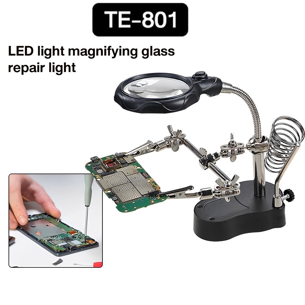TE-801 Maintenance Aid Hand Clip LED Magnifying Soldering Iron Stand ...
